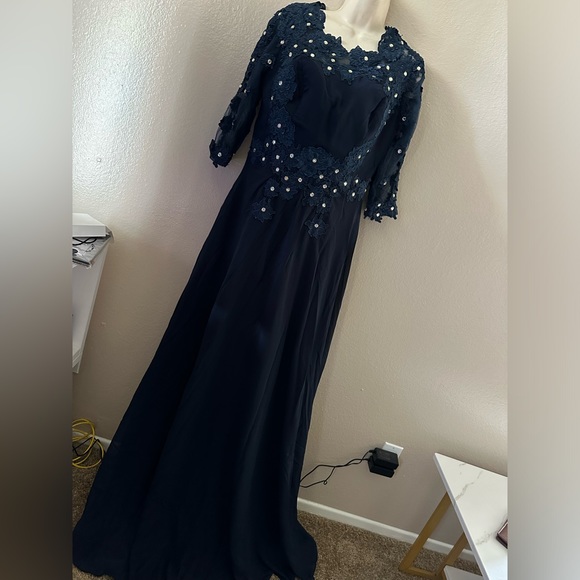 Dresses | Elegant Flowy Dark Blue Party Dress | Poshmark